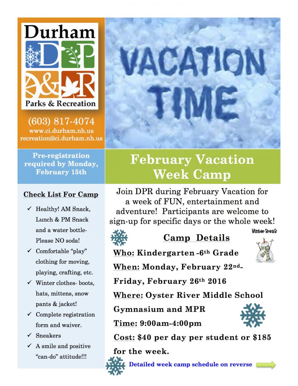 February Vacation Week Camp | The Town of Durham New Hampshire